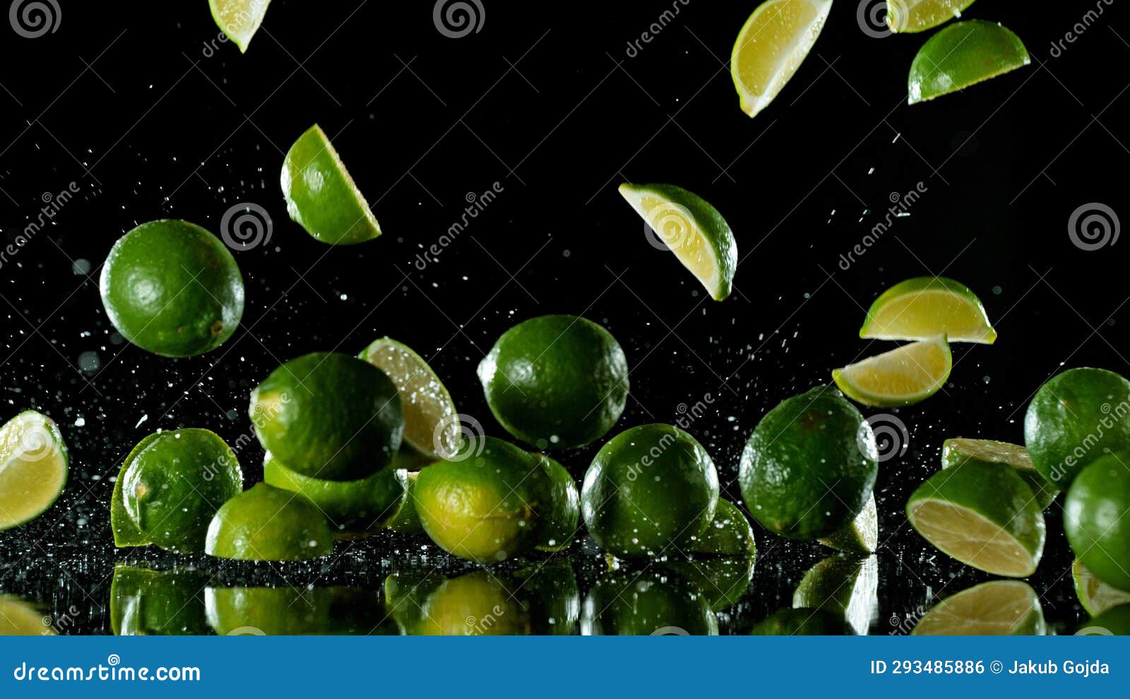 Fresh Lime Slices Falling Down on Black Background Stock Photo - Image ...
