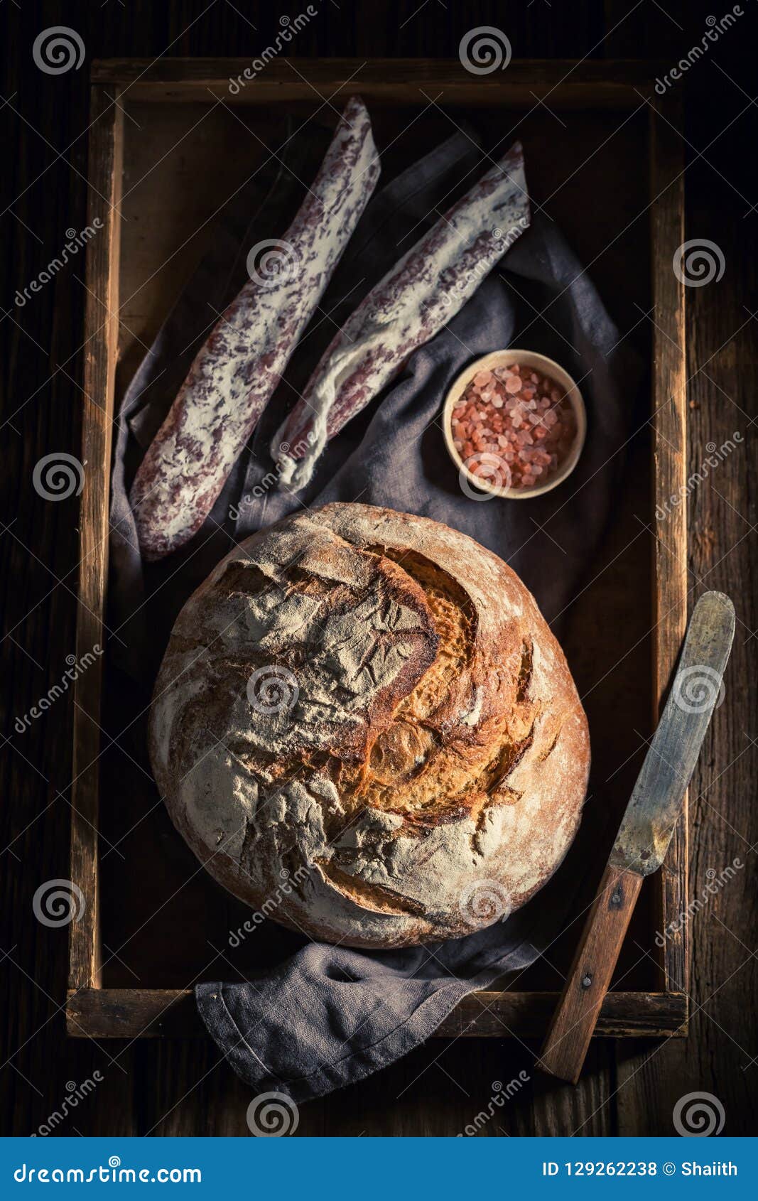 Fresh Load of Bread with Sausage and Salt Stock Photo - Image of ...