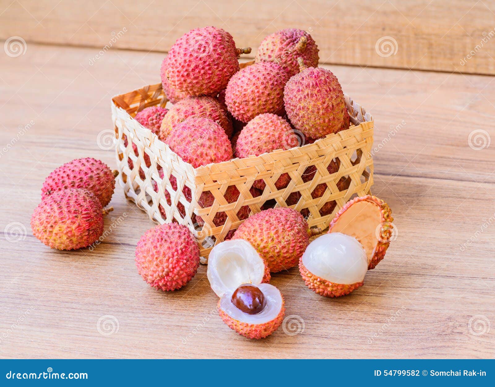 Fresh Lychee in Bamboo Basket on a Wooden Background Stock Photo ...