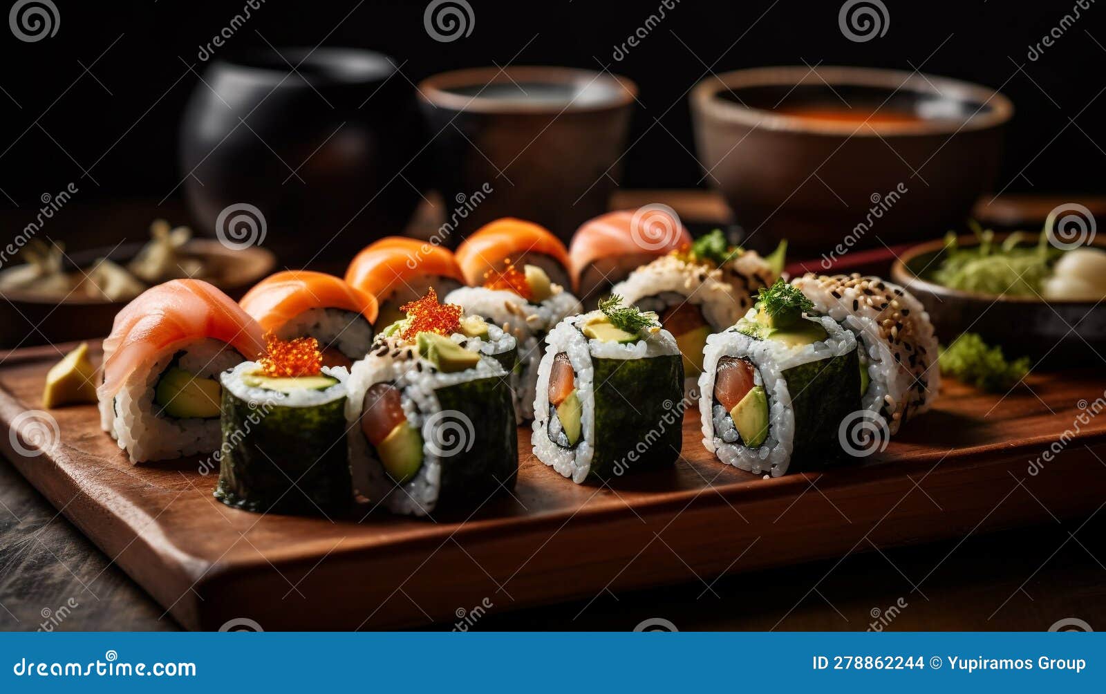 Fresh Maki Sushi with Savory Seafood, Wasabi, and Ginger Appetizer ...