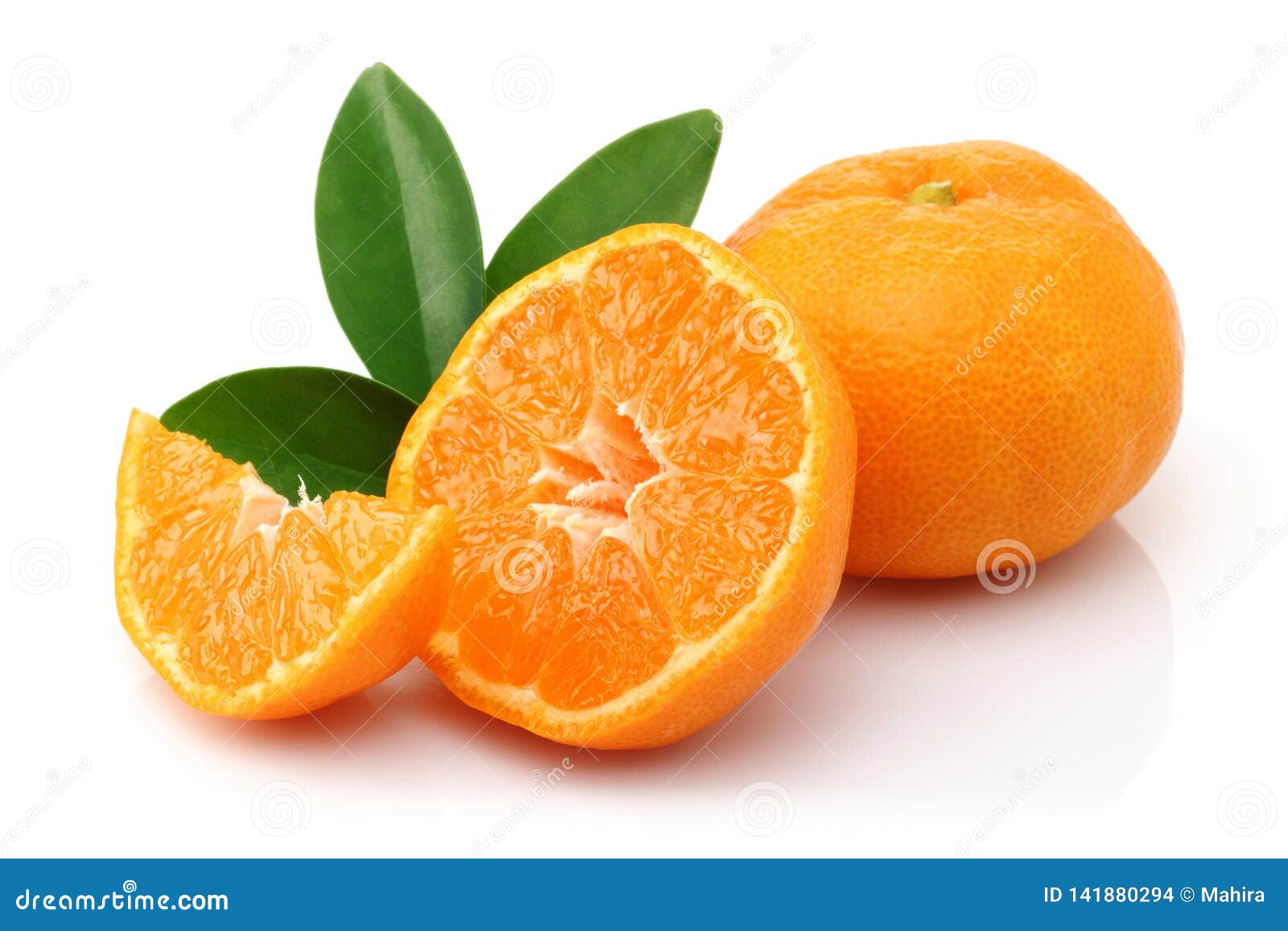 Fresh Mandarin with Slice and Leaves Isolated Stock Photo - Image of ...
