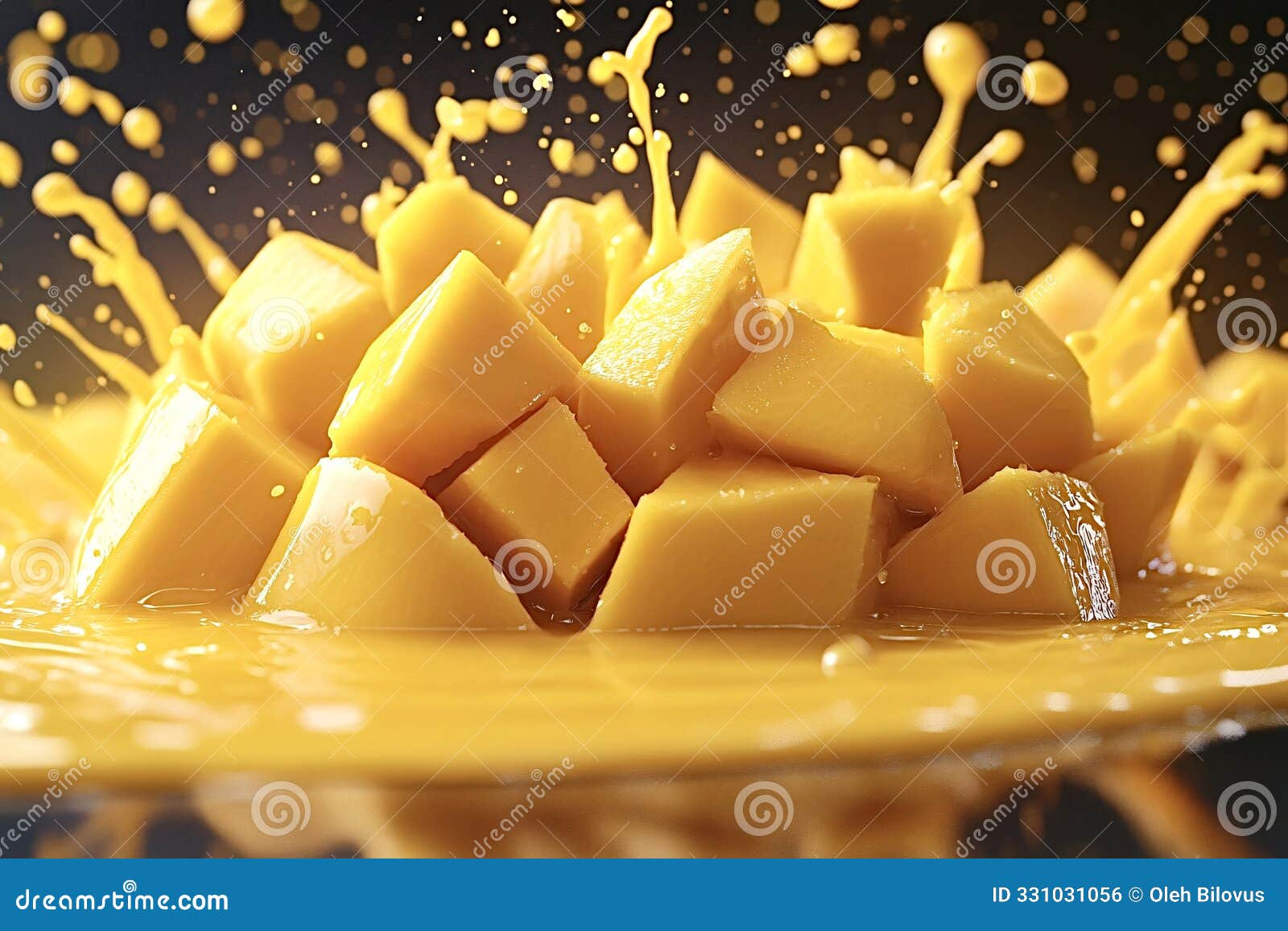 Fresh Mango Cubes Falling into a Bowl of Mango Juice Stock Photo ...