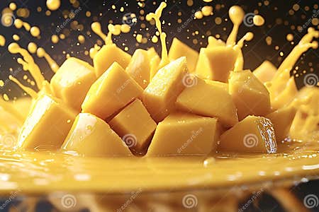 Fresh Mango Cubes Falling into a Bowl of Mango Juice Stock Photo ...