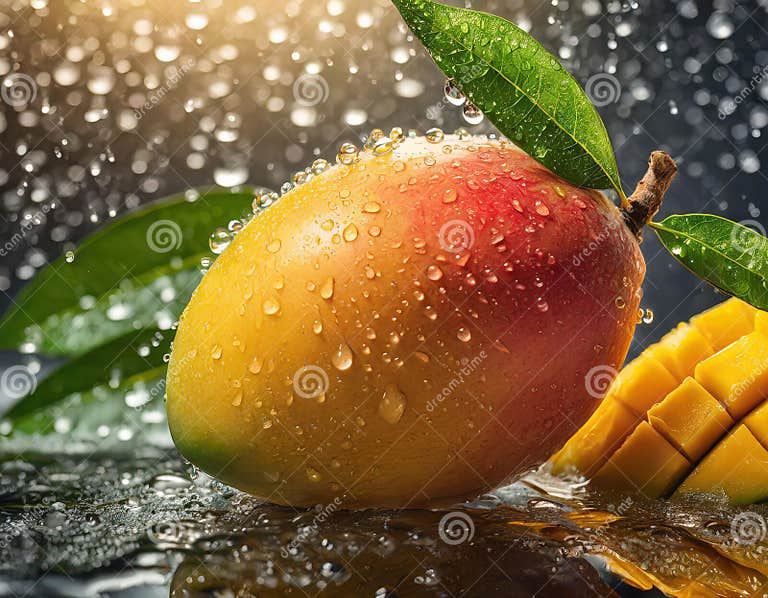 Fresh Mango with Drops of Water Stock Illustration - Illustration of ...
