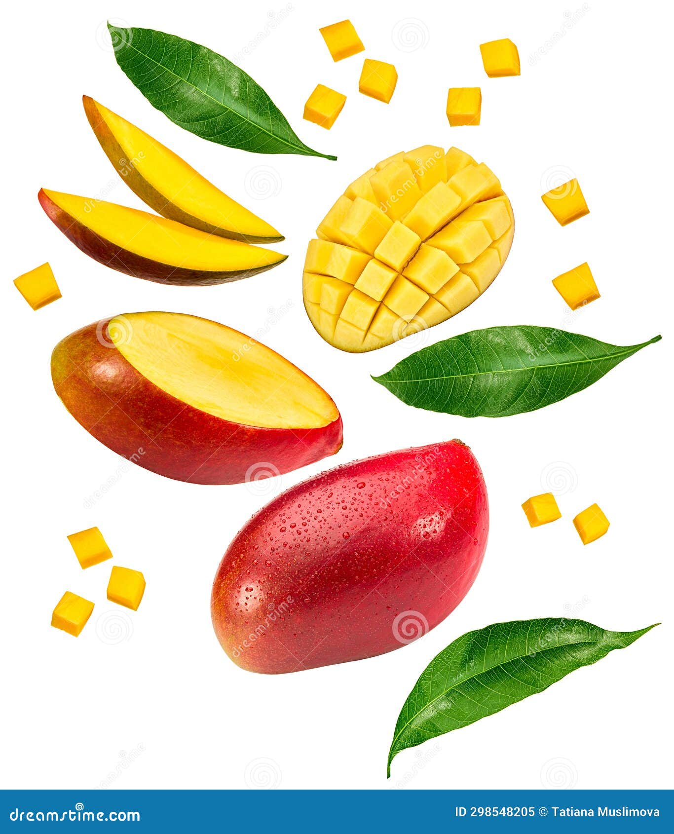 Flying Sliced Mango with Green Leaves Isolated on White Background ...