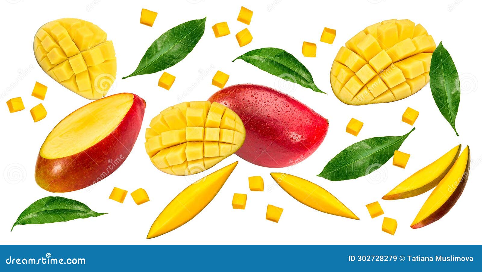 Flying Fresh Mango with Green Leaves Isolated on White Background ...