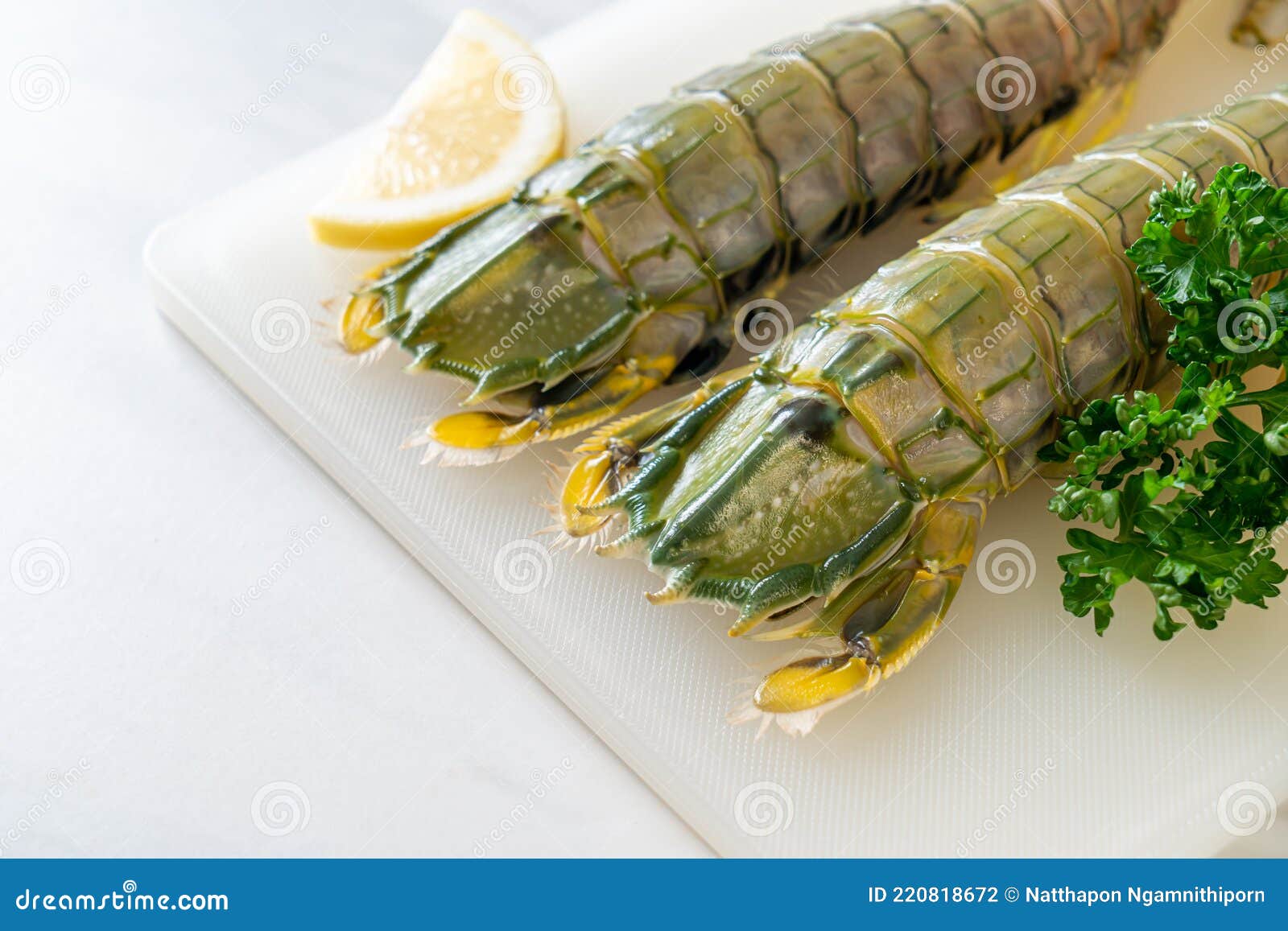 Fresh Mantis Shrimp with Lemon Stock Photo - Image of gourmet, animal ...