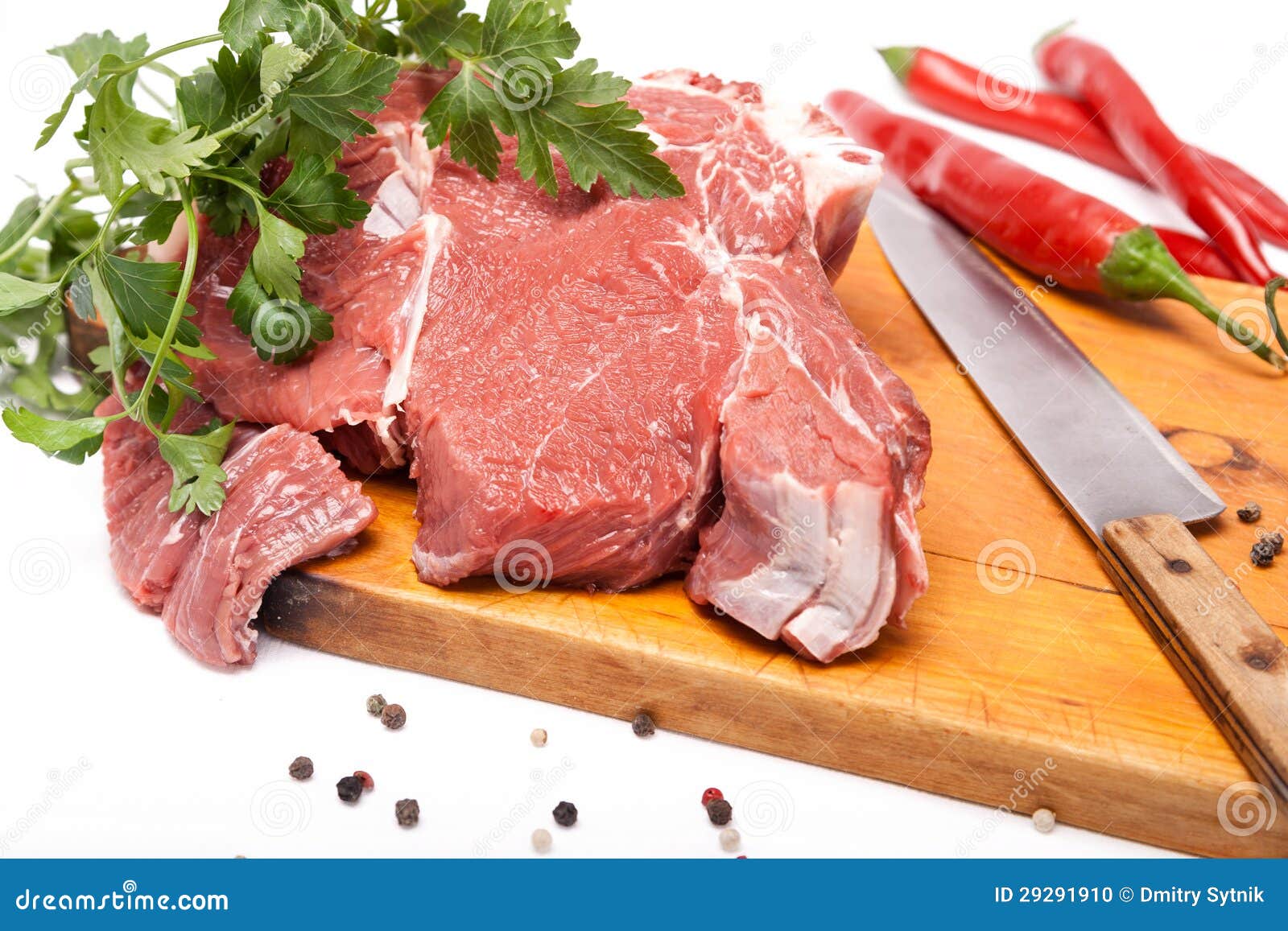 Fresh Meat of Beef with Bone on Wooden Spices and Knife Stock Photo ...