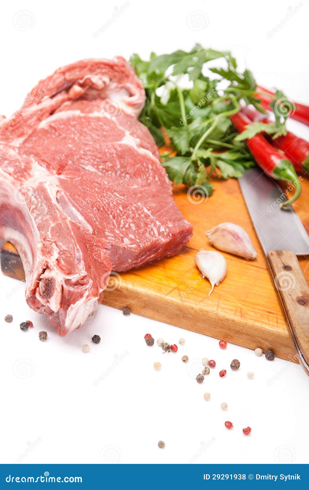 Fresh Meat of Beef with Bone on Wooden Spices and Knife Stock Photo ...