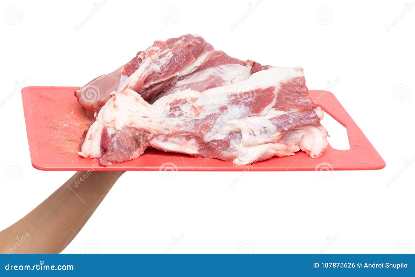 Fresh Meat in Hand on a White Background Stock Photo - Image of market ...