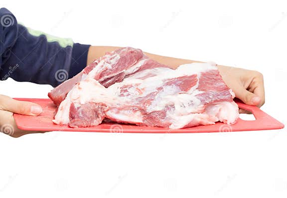 Fresh Meat in Hand on a White Background Stock Photo - Image of hand ...