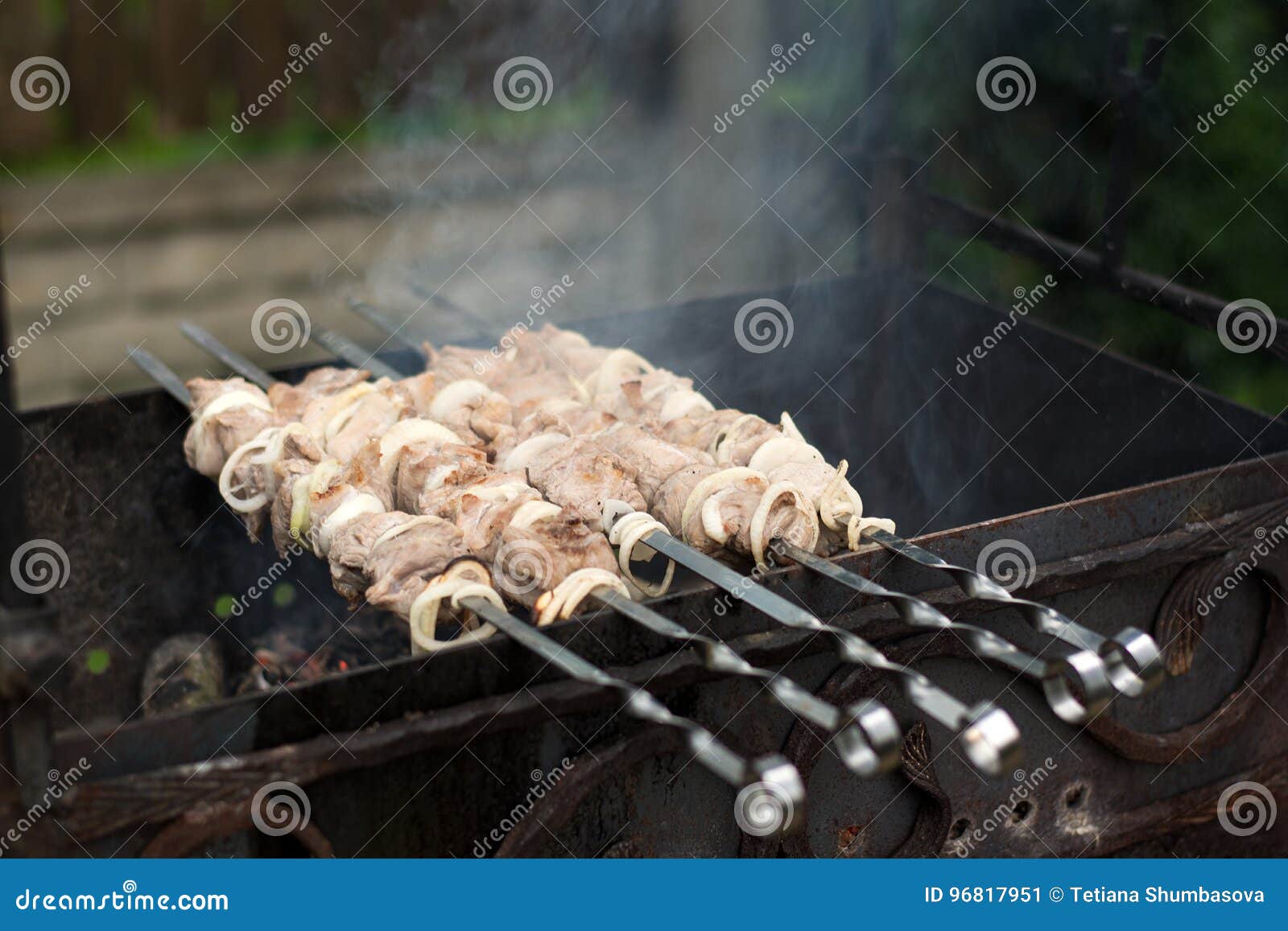 Fresh Meat Kebab on Barbecue Grid Grill Cooked Over Burned Charcoal ...