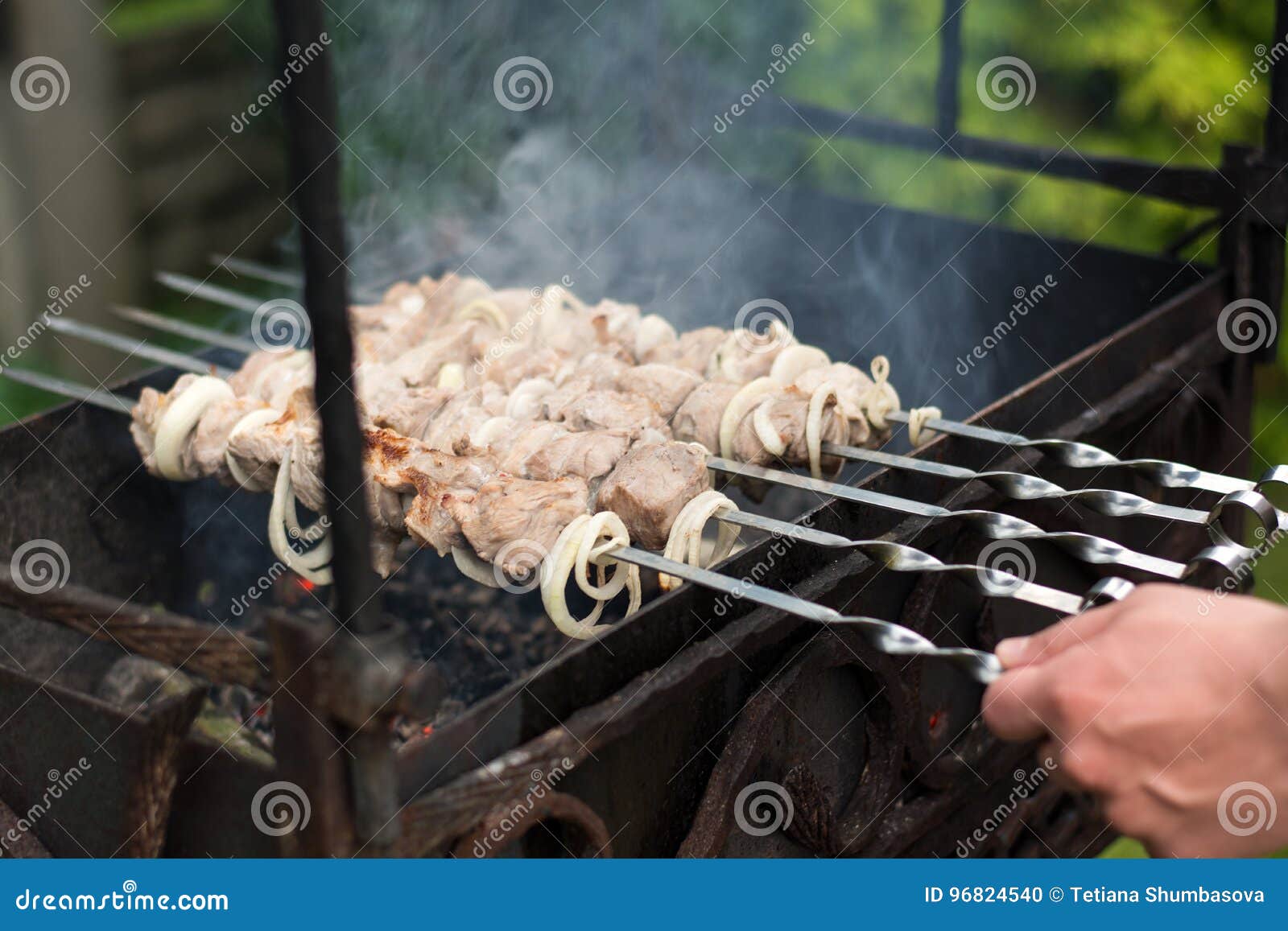 Fresh Meat Kebab on Barbecue Grid Grill Cooked Over Burned Charcoal ...