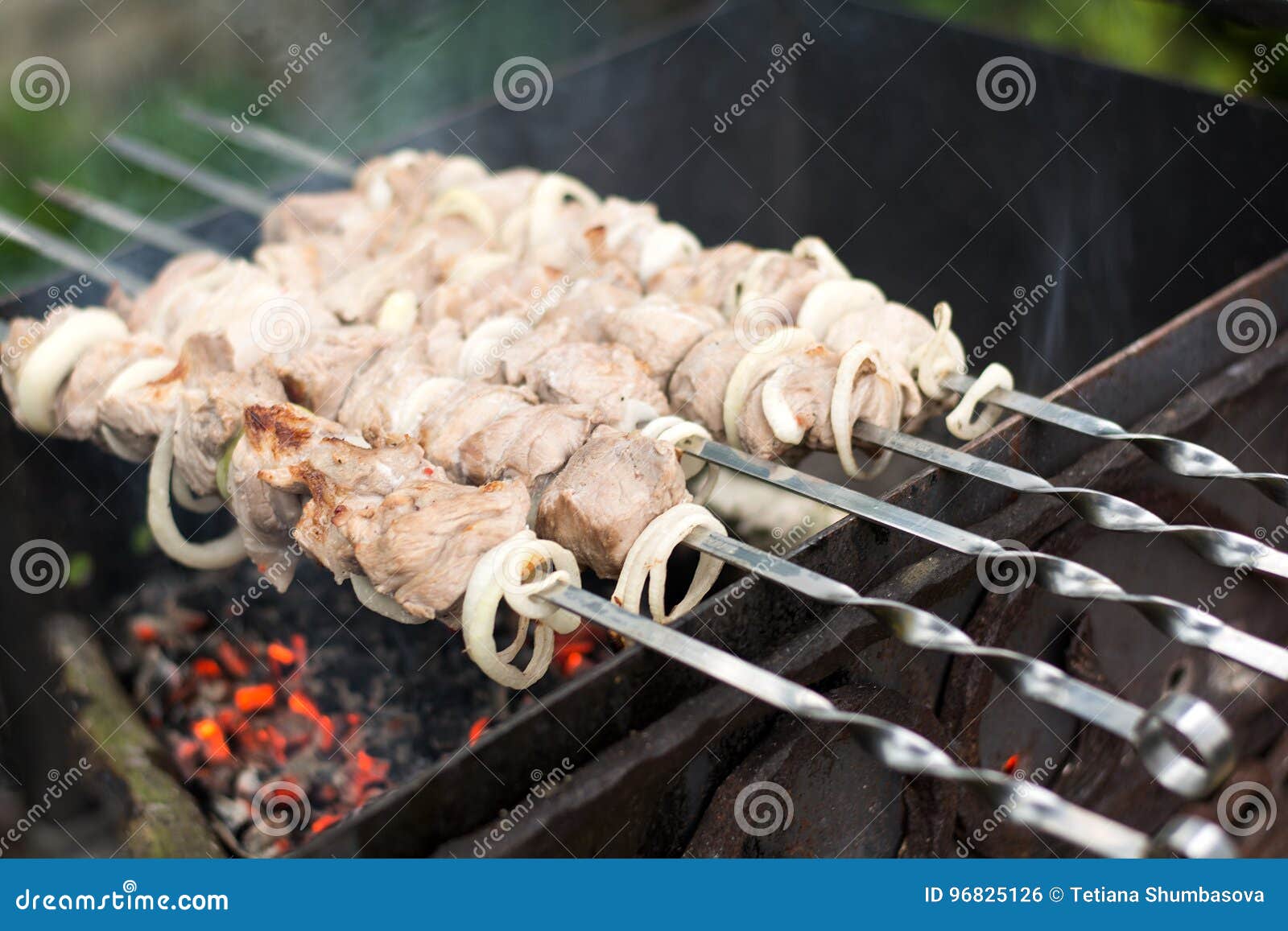 Fresh Meat Kebab on Barbecue Grid Grill Cooked Over Burned Charcoal ...