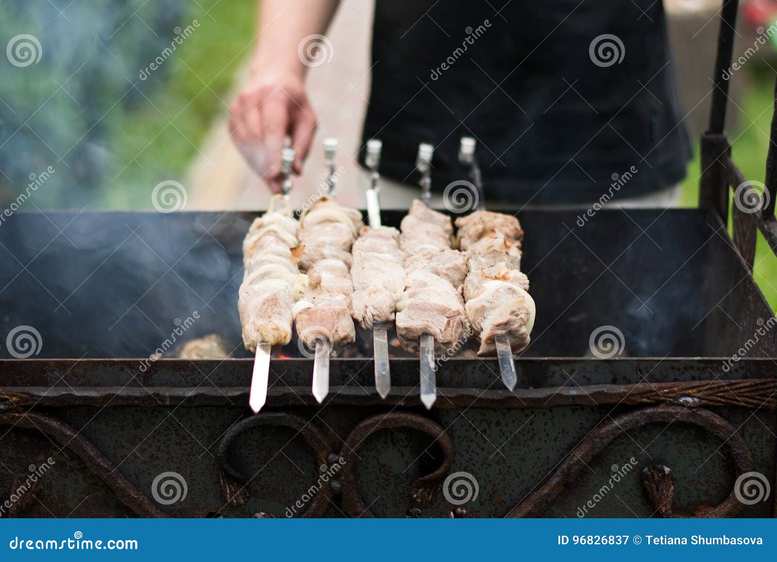 Fresh Meat Kebab on Barbecue Grid Grill Cooked Over Burned Charcoal ...