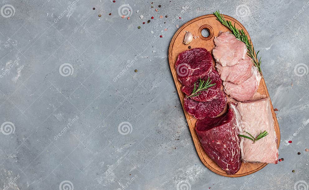Fresh Meat Pork and Beef. Different Types of Raw Pork Meat and Beef ...