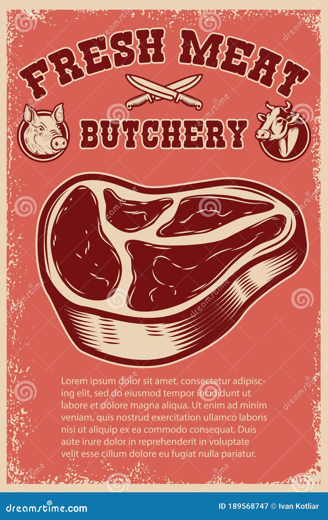 Fresh Meat. Poster Template with Meat Cut on Grunge Background Stock ...