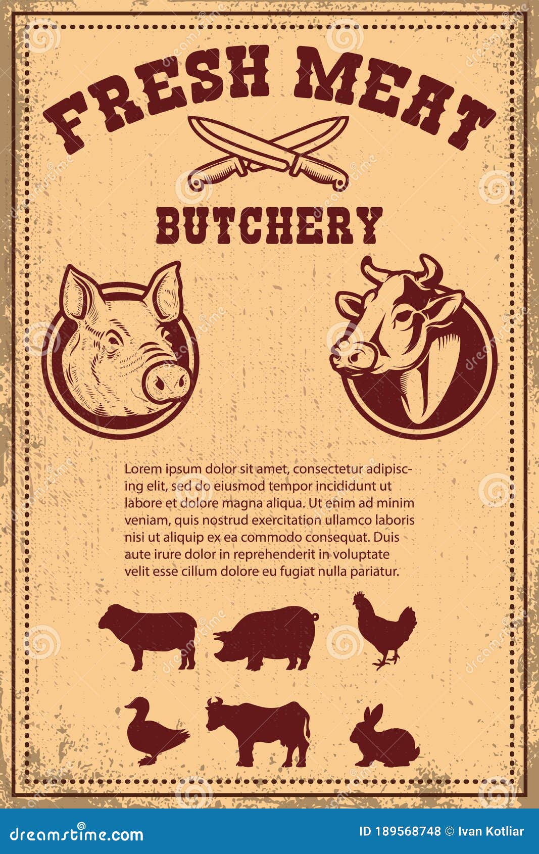 Fresh Meat. Poster Template with Meat Cut on Grunge Background Stock ...