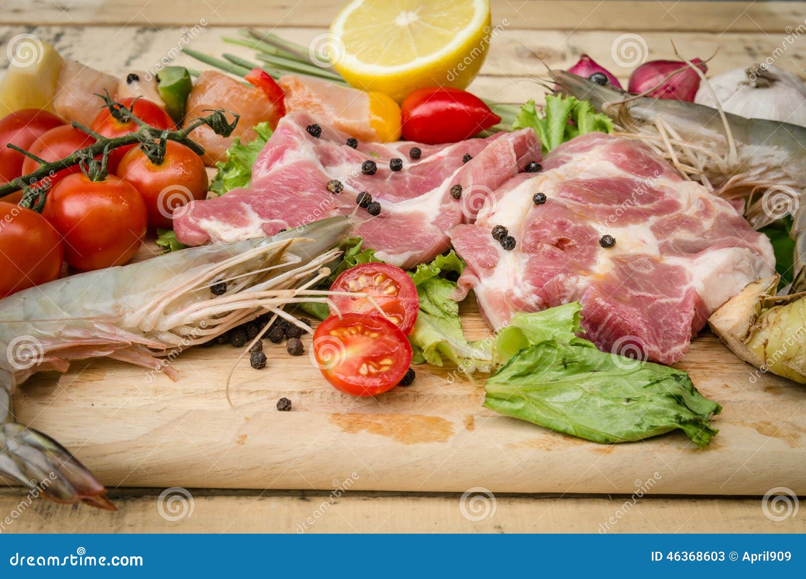 Fresh Meat ,seafood and Vegetables on Kitchen Board Stock Image - Image ...