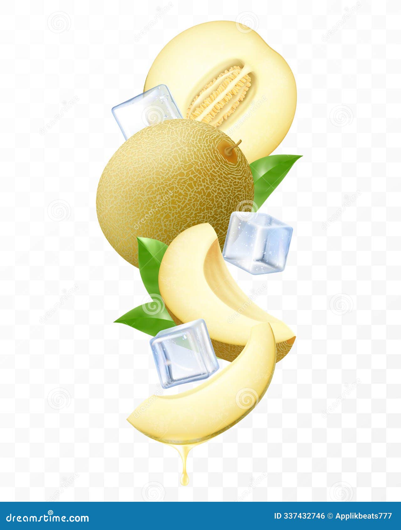 Fresh Melon with Ice Cubes Falling or Flying. Composition of Elements ...
