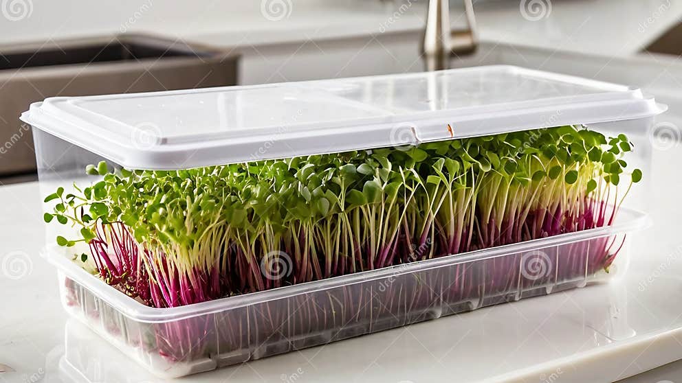 Fresh Micro Greens in a Plastic Container Placed on the Counter of a ...