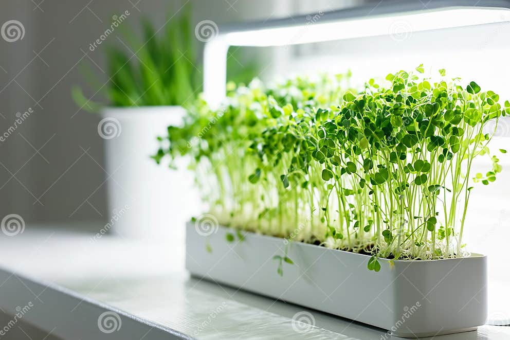 Fresh Microgreens Growing in Planter, Illuminated by a Grow Light Stock ...