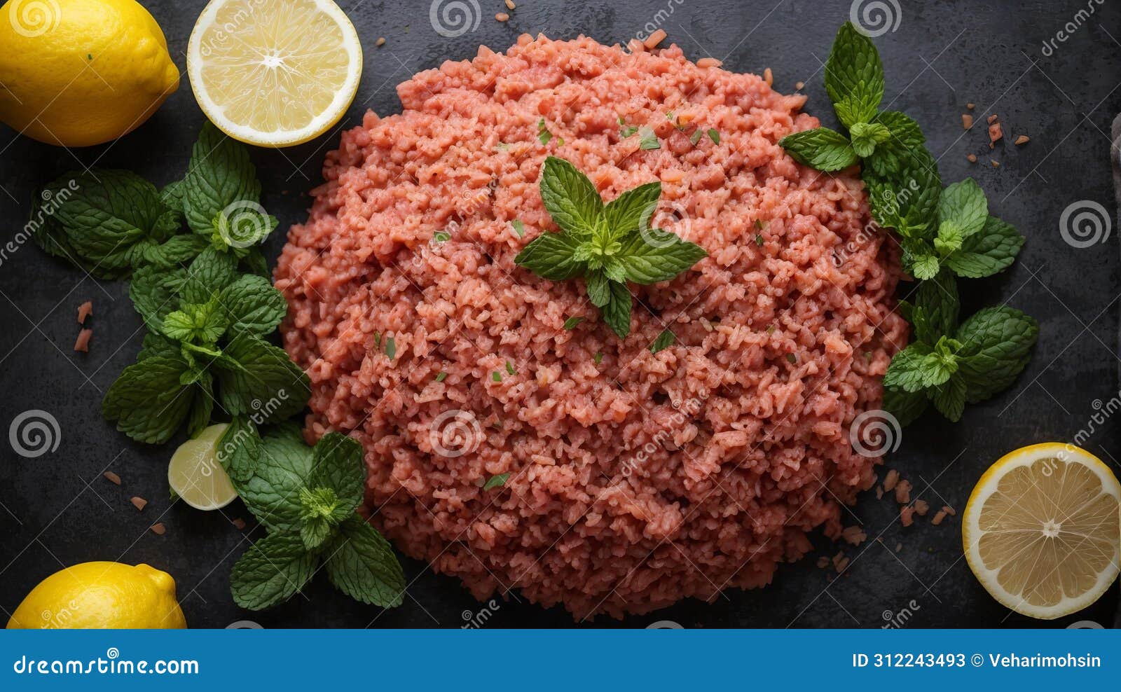Fresh Minced Meat Decorated with Lemon and Mint on Top View. Isolated ...