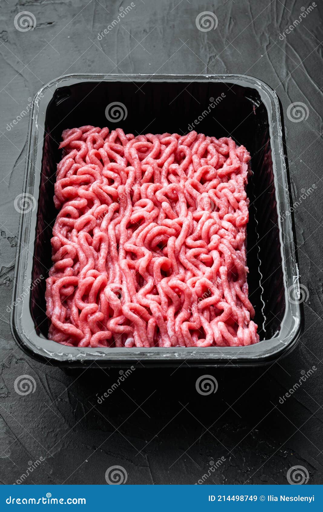 Fresh Minced Meat in Plastic Box Packaging Tray, on Black Stone ...