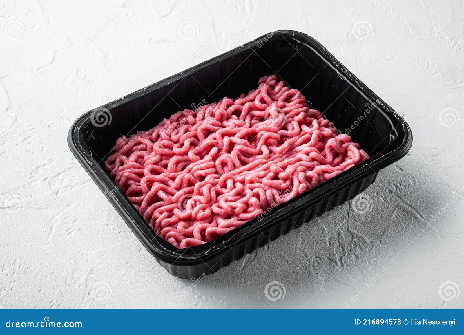 Fresh Minced Meat in Plastic Box Packaging Tray, on White Stone ...