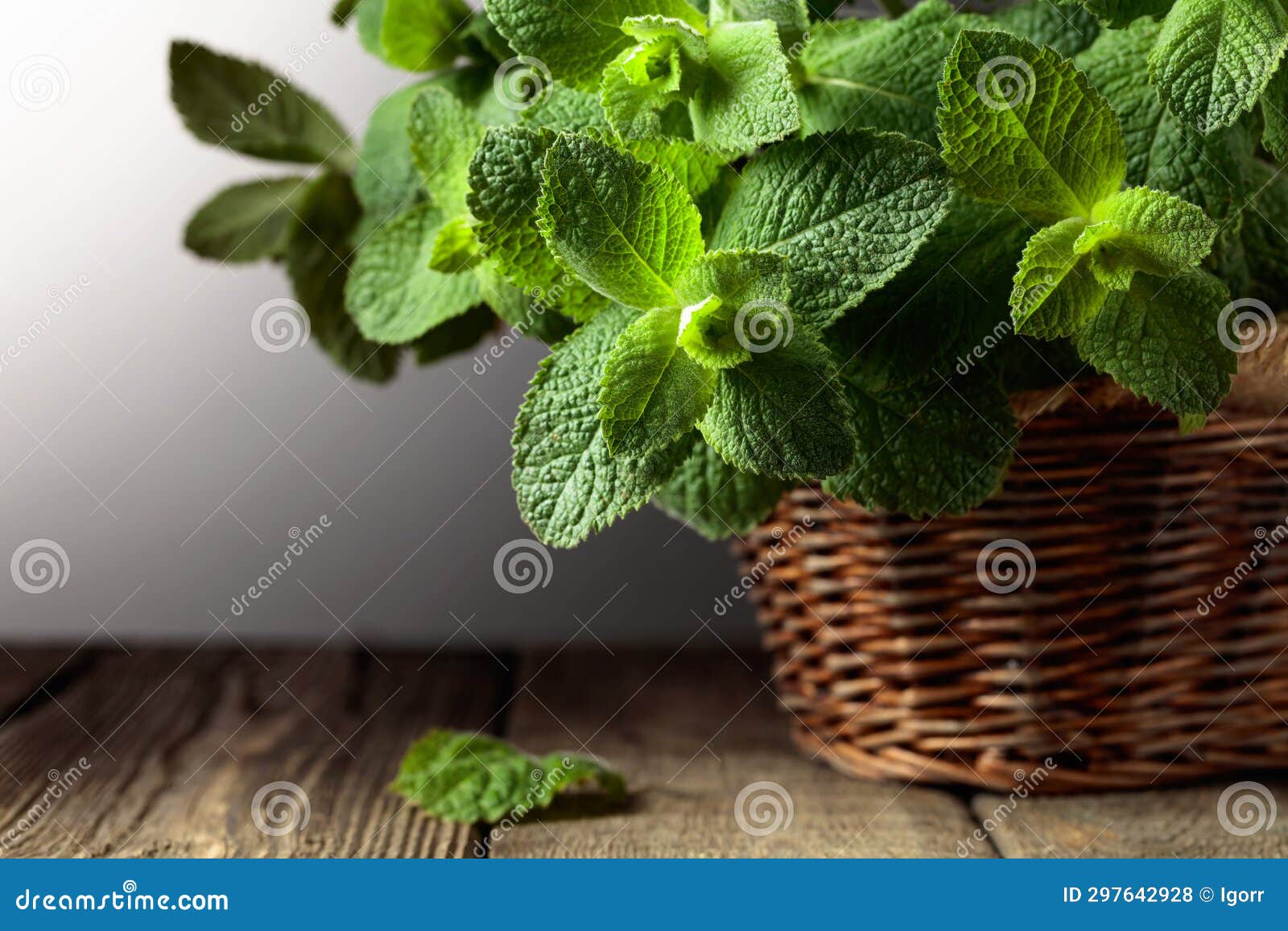 Fresh Mint in a Basket on an Old Wooden Table Stock Photo - Image of ...