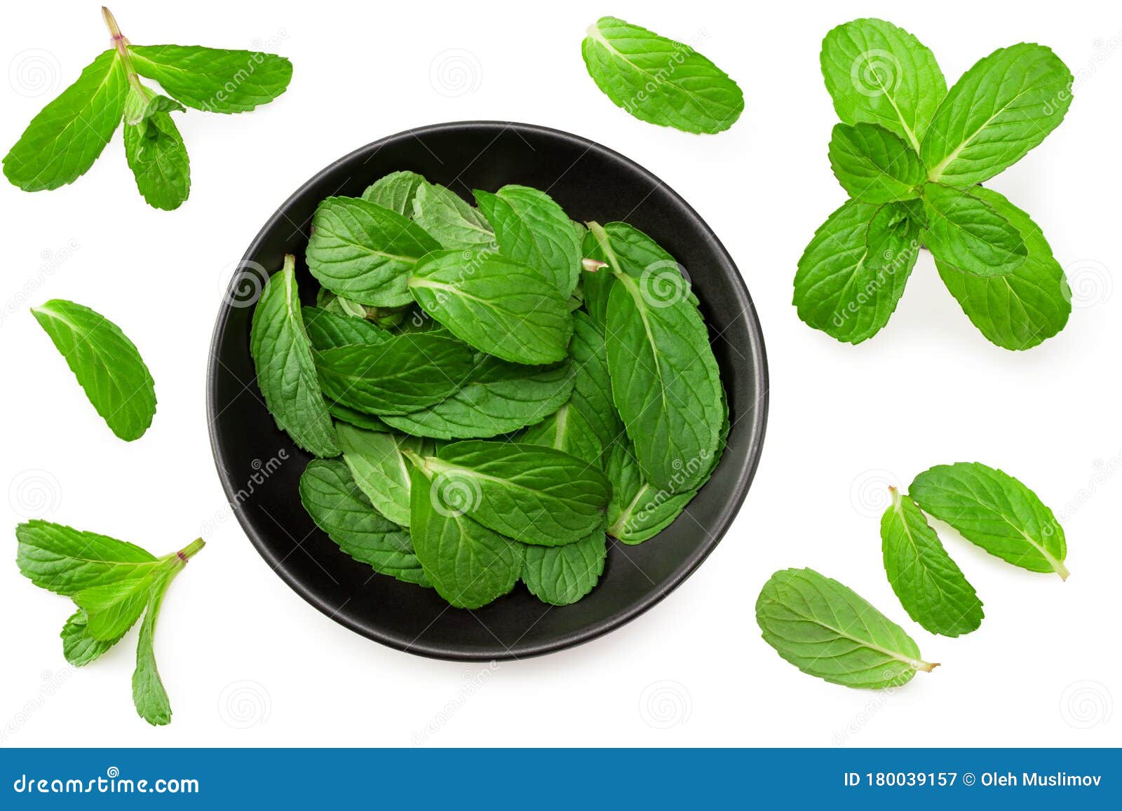 Fresh Mint Leaves in a Black Plate Isolated on White Background. Top ...