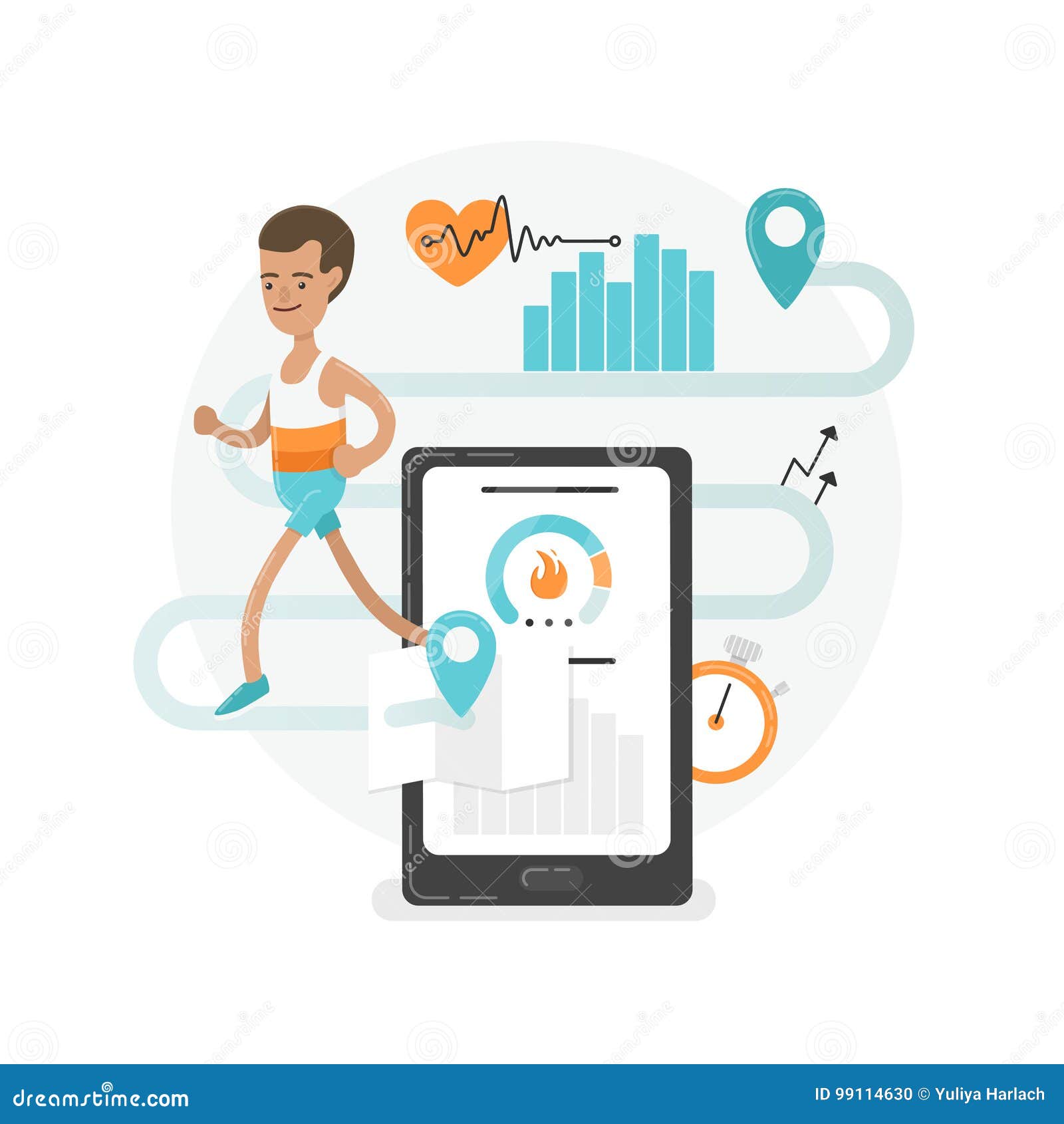 Fresh and Modern Illustration. a Young Running Man with Mobile App ...