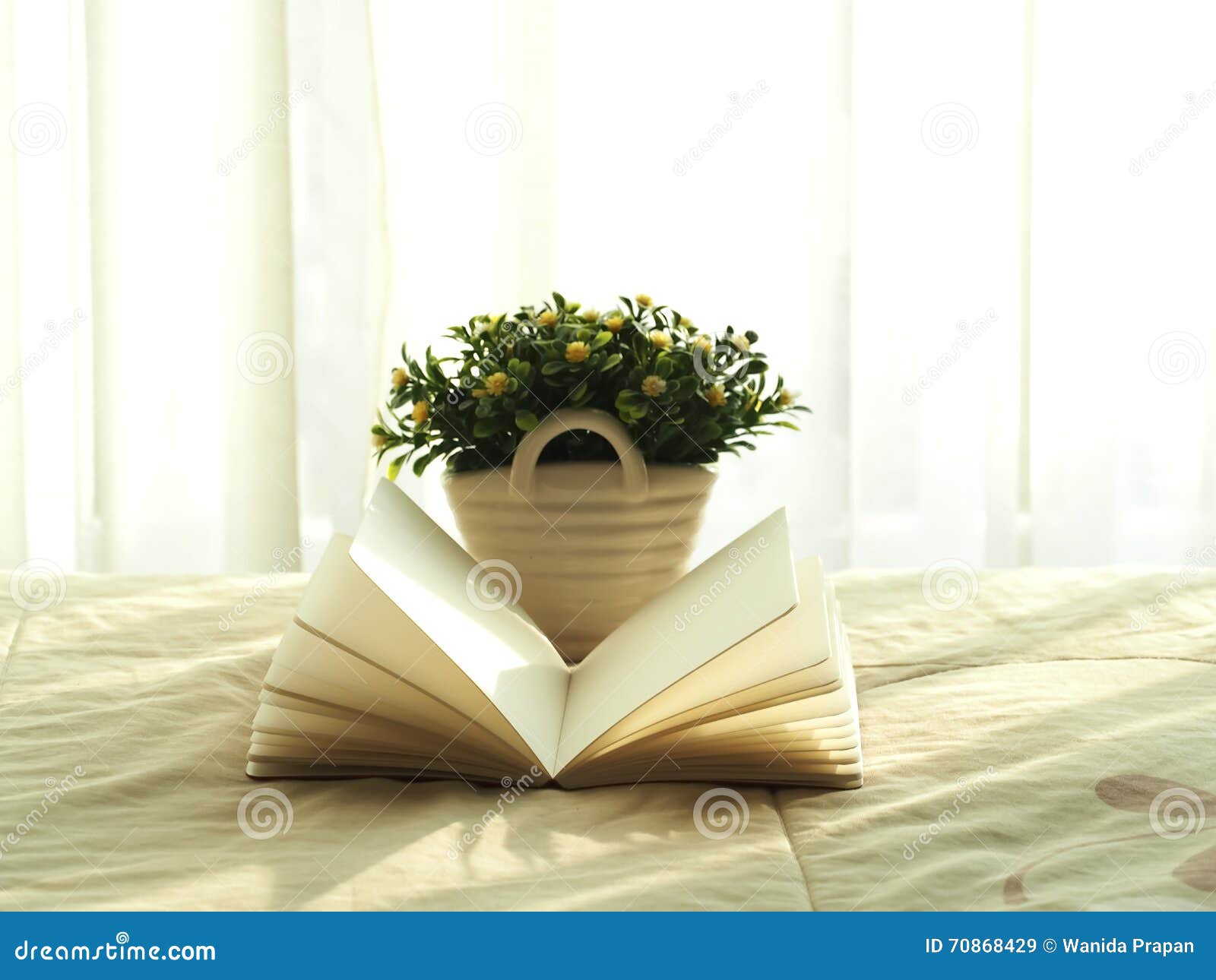 Fresh Morning Book and Flower on the Bed, Select Focus Stock Image ...