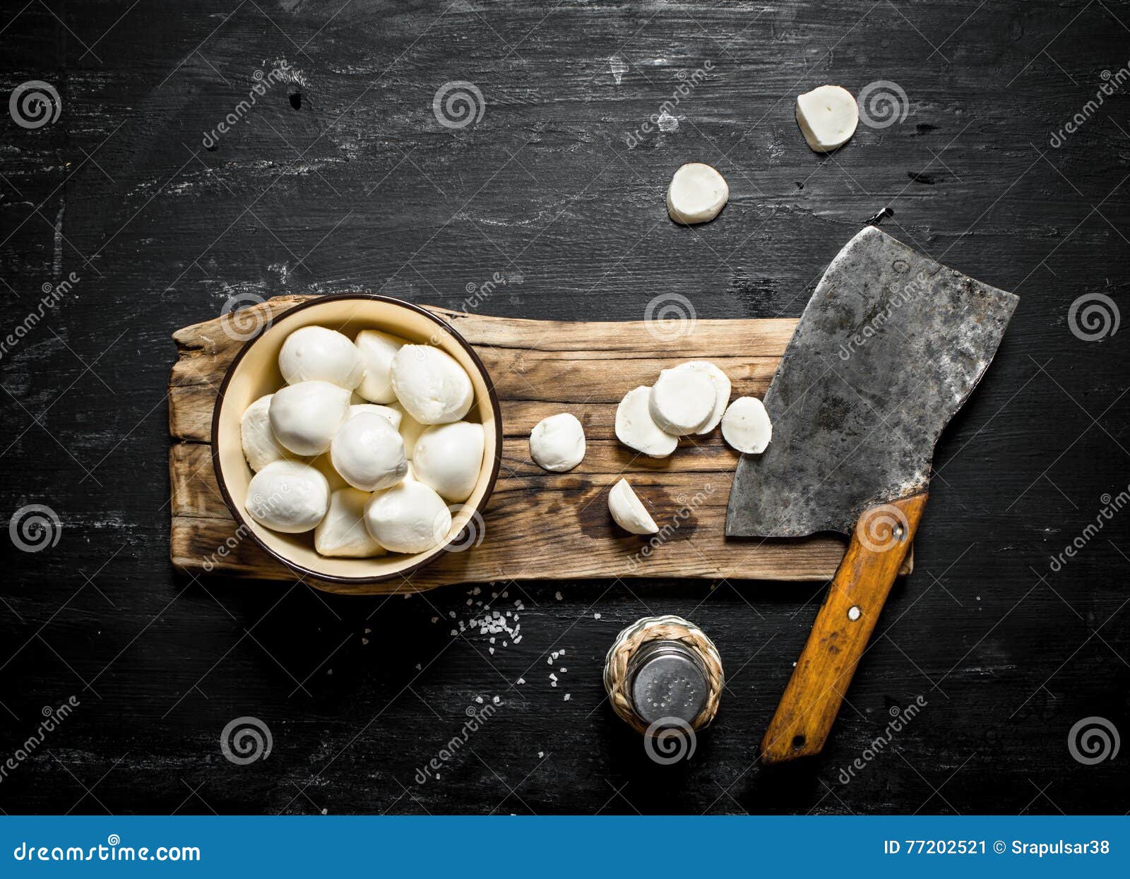 Fresh Mozzarella with a Hatchet for Cutting. Stock Image - Image of ...