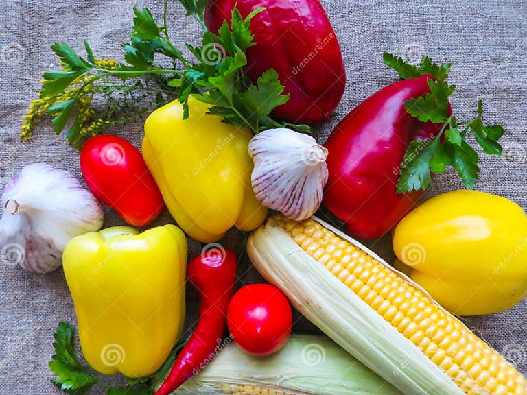Fresh Multi-colored Vegetables on the Table with Greens Stock Photo ...