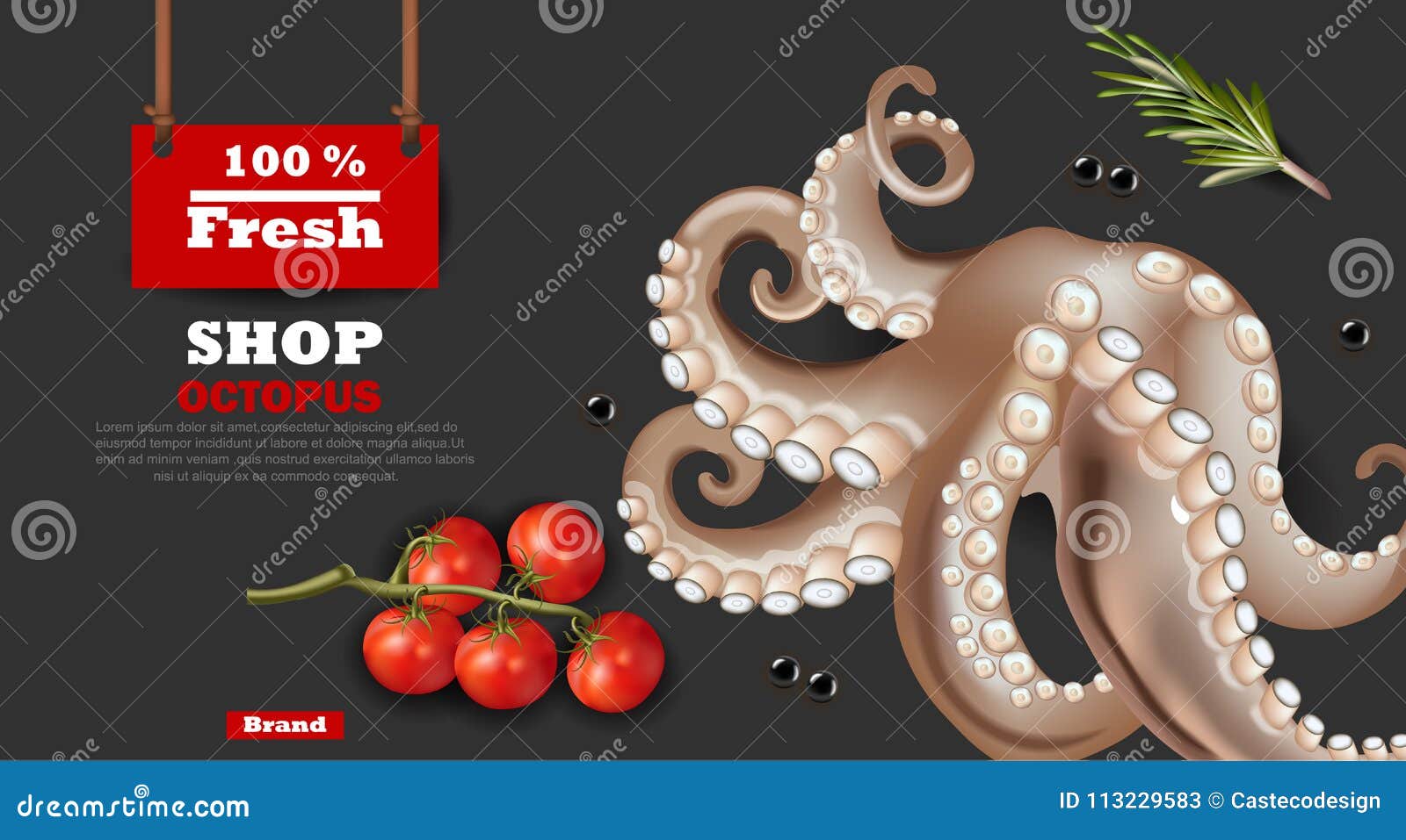 Fresh Octopus Banner Vector Realistic. 3d Detailed Illustrations Stock ...