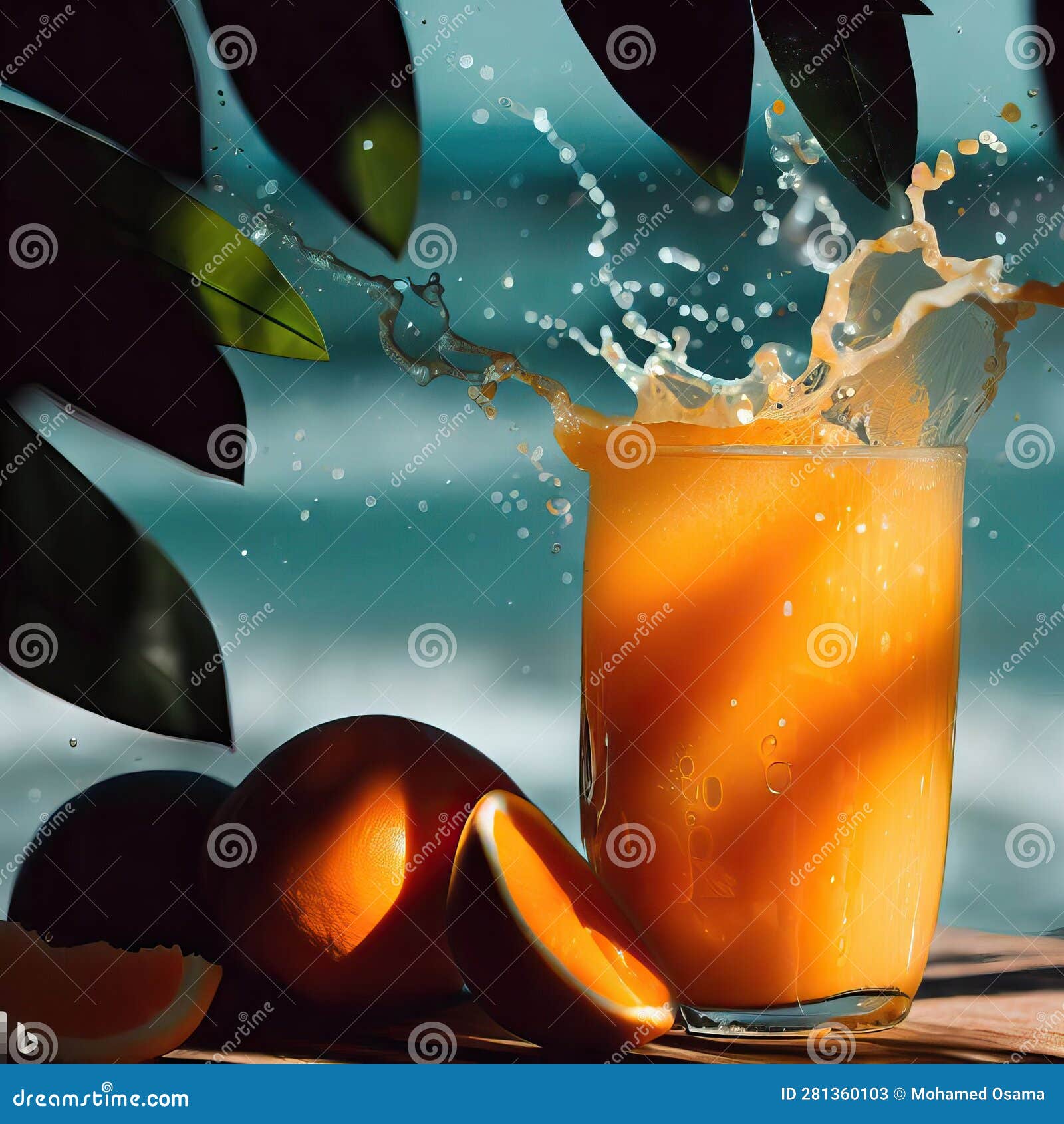 Fresh Orange Juice Splash, Tropical Scene in Background Stock ...