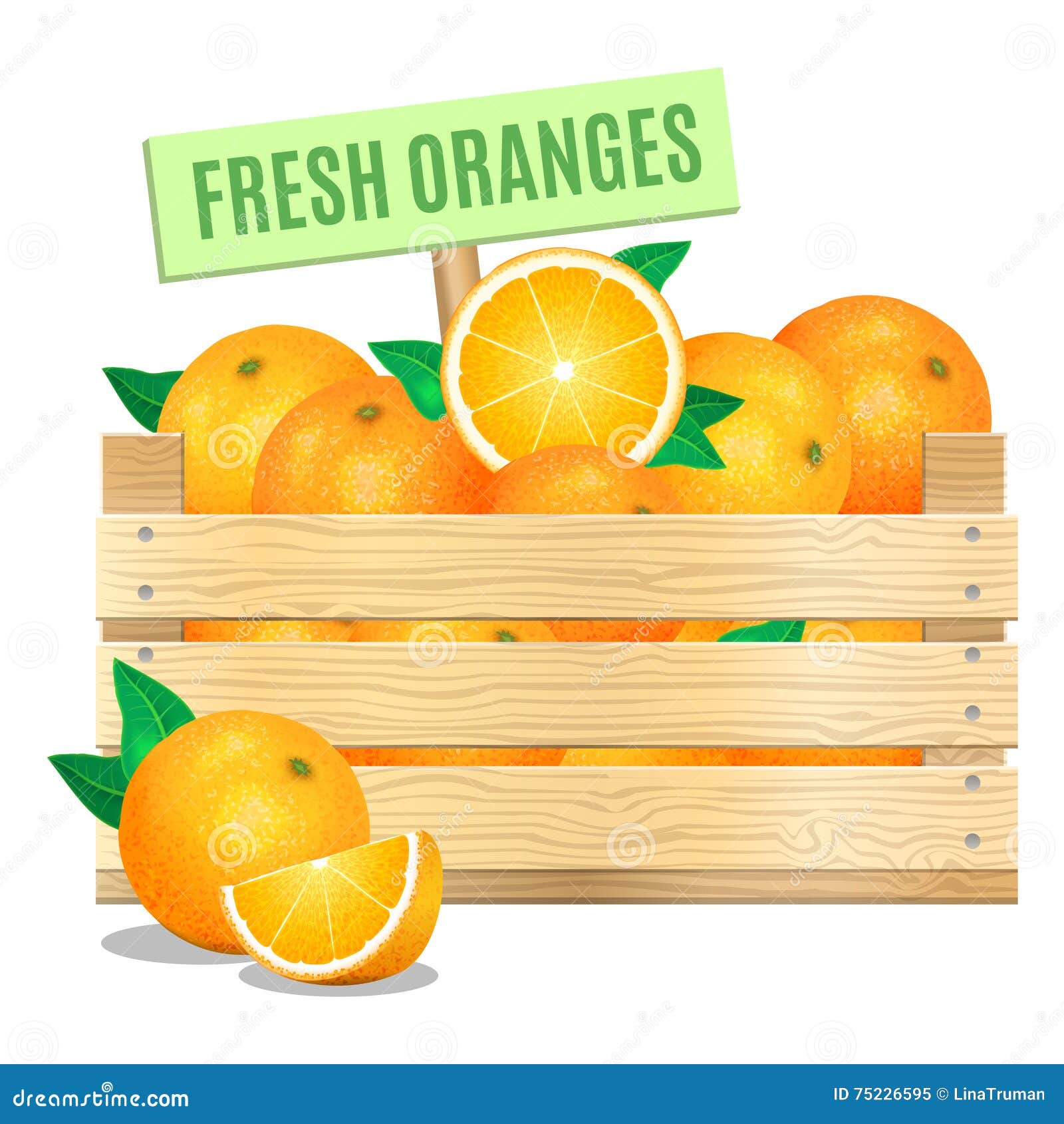 Fresh Oranges in a Wooden Box on a White Background. Vector Stock ...
