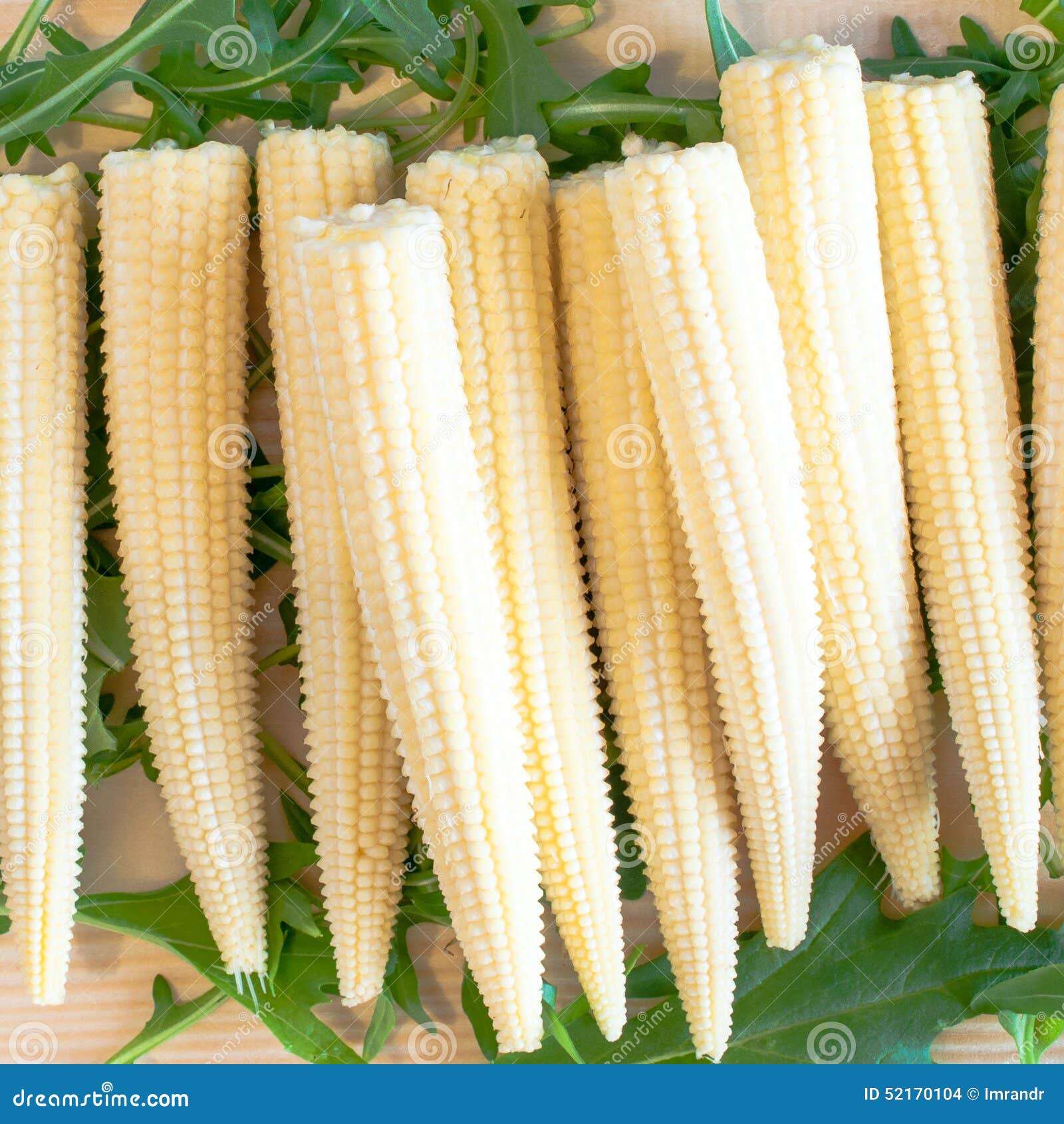 Fresh Organic Corn on Rocket Salad Leaves Background Stock Photo ...