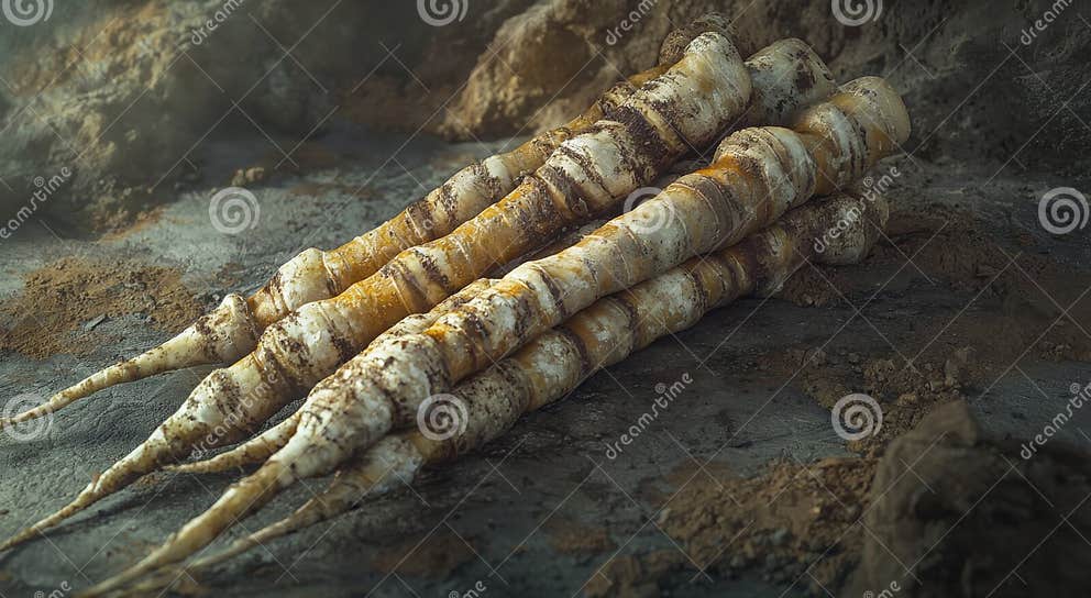 Fresh Organic Gobo, or Burdock Root, Piled Together on a Rustic Surface ...