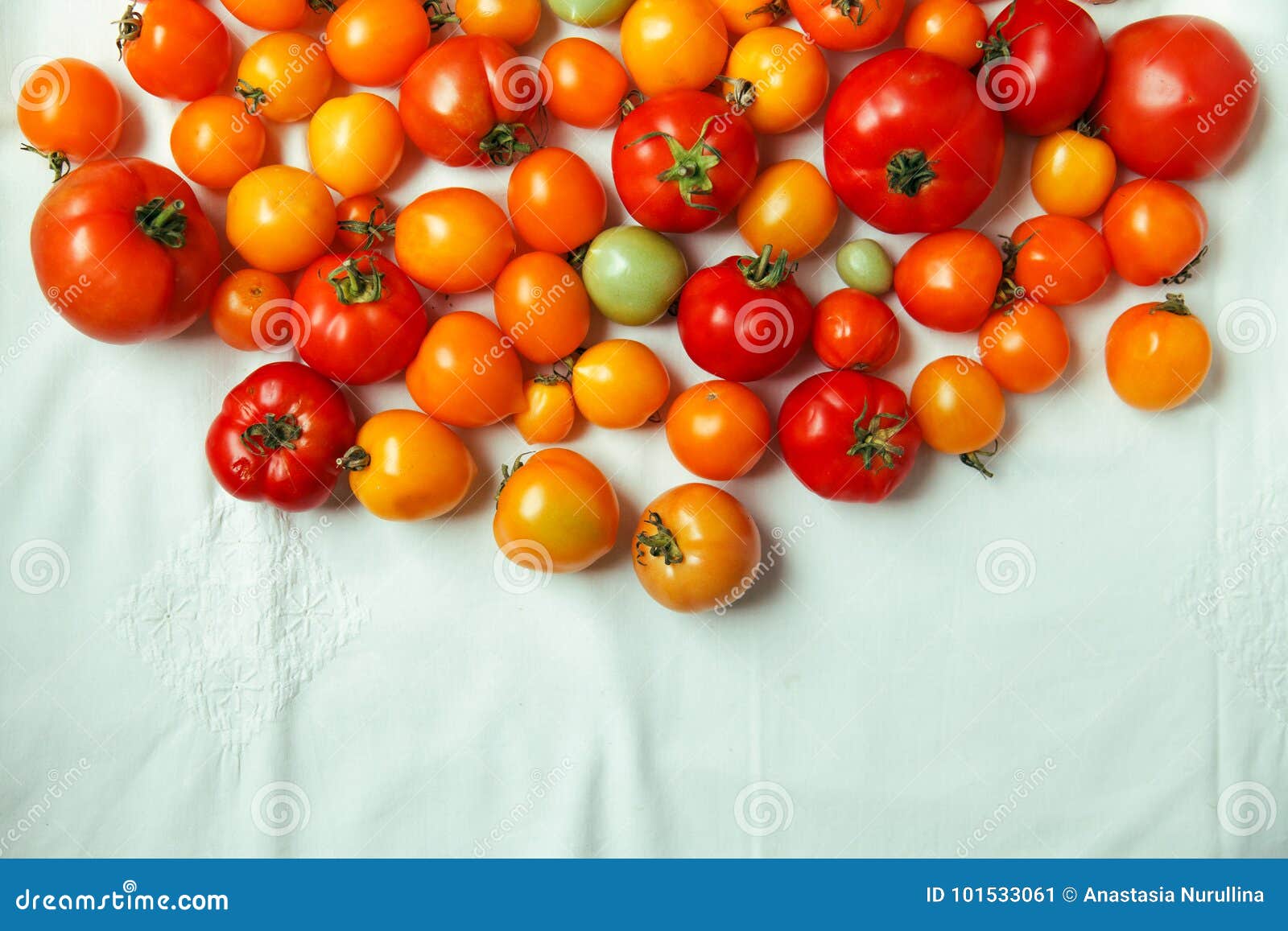 Fresh Organic Tomatoes Of Different Colors On White Textile Background ...