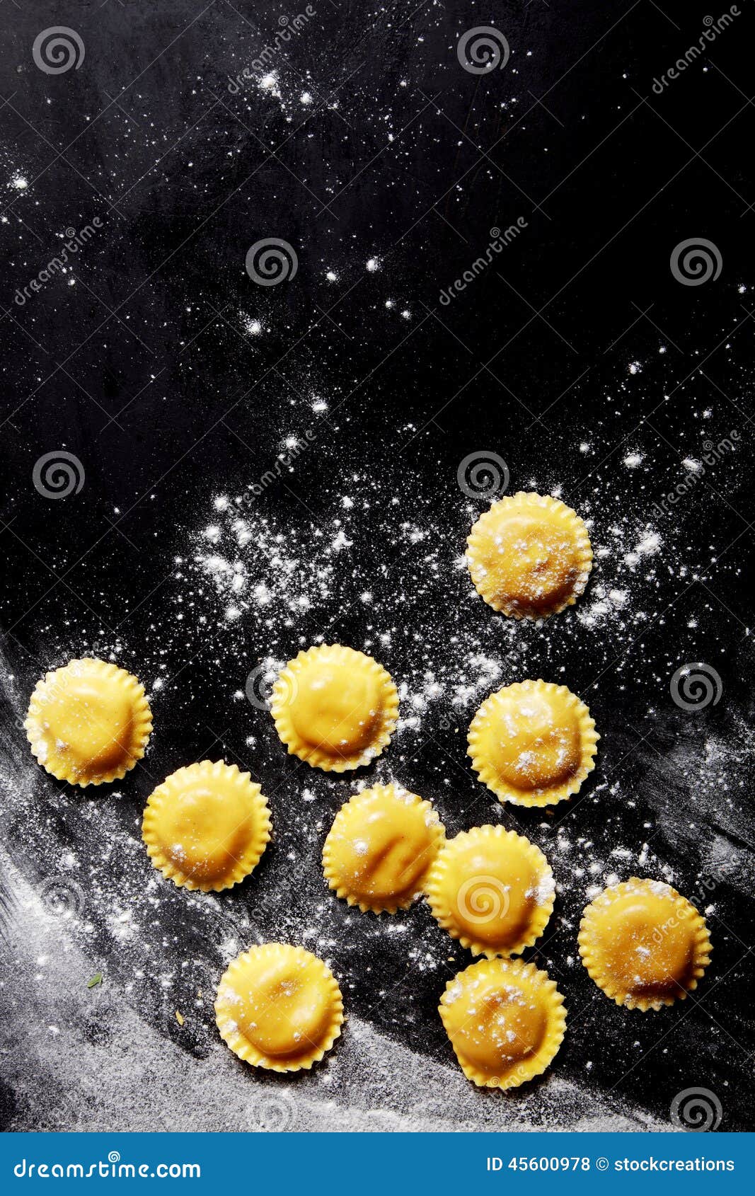 Fresh Pasta Round Shape on Black Table Stock Photo - Image of ...