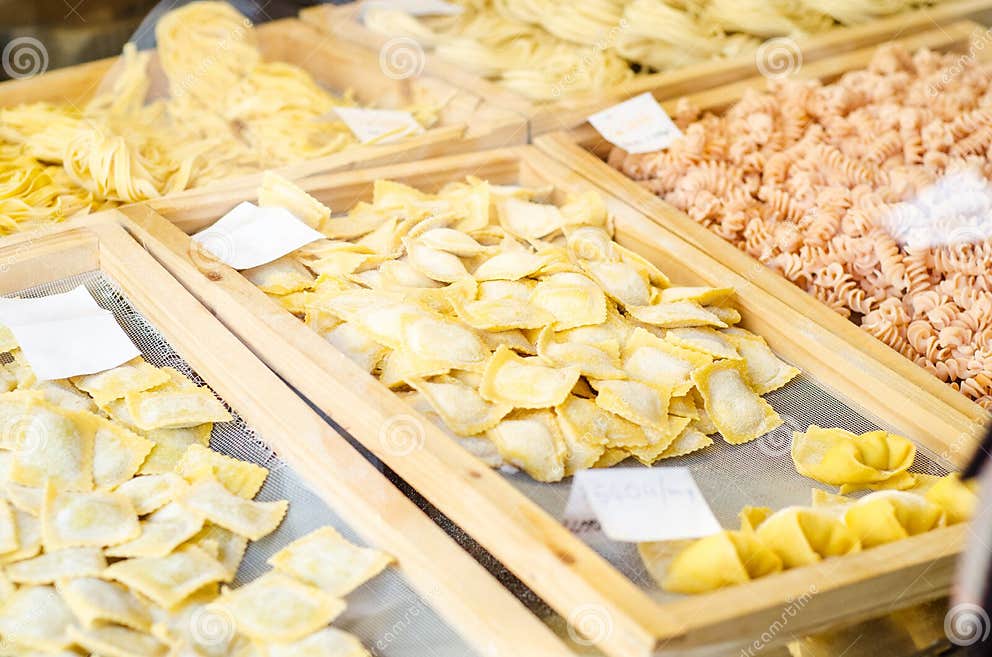 Fresh pasta shop stock image. Image of price, boxes, macaroni - 31737047