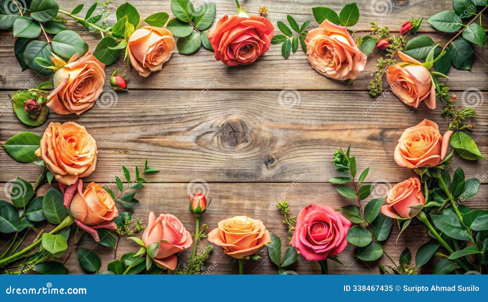 Fresh Peach and Red Roses on Rustic Wood Background Stock Image - Image ...