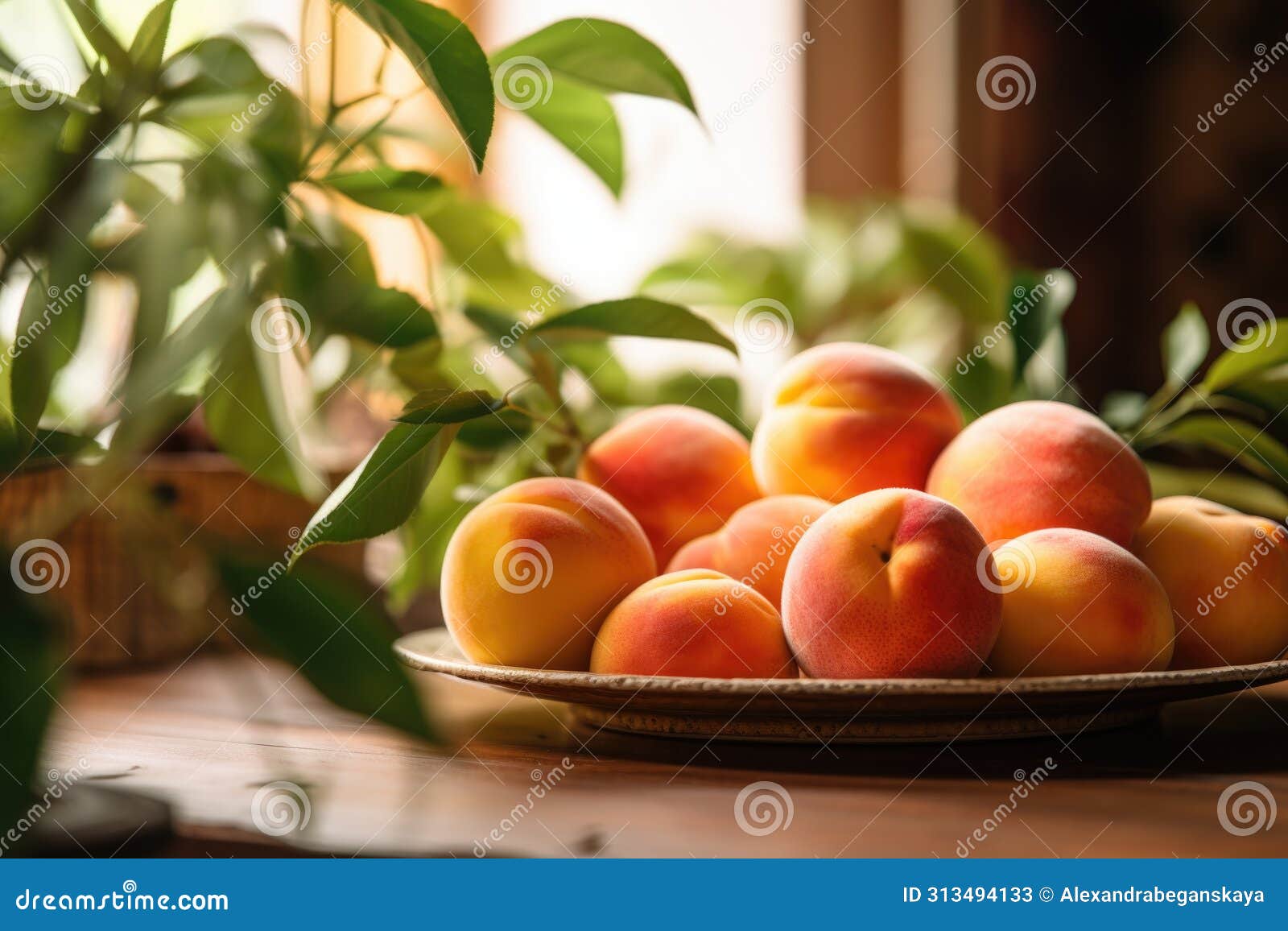 Fresh Peaches With Rain Drops Of Water. Natural Fruit Growing On A Tree ...