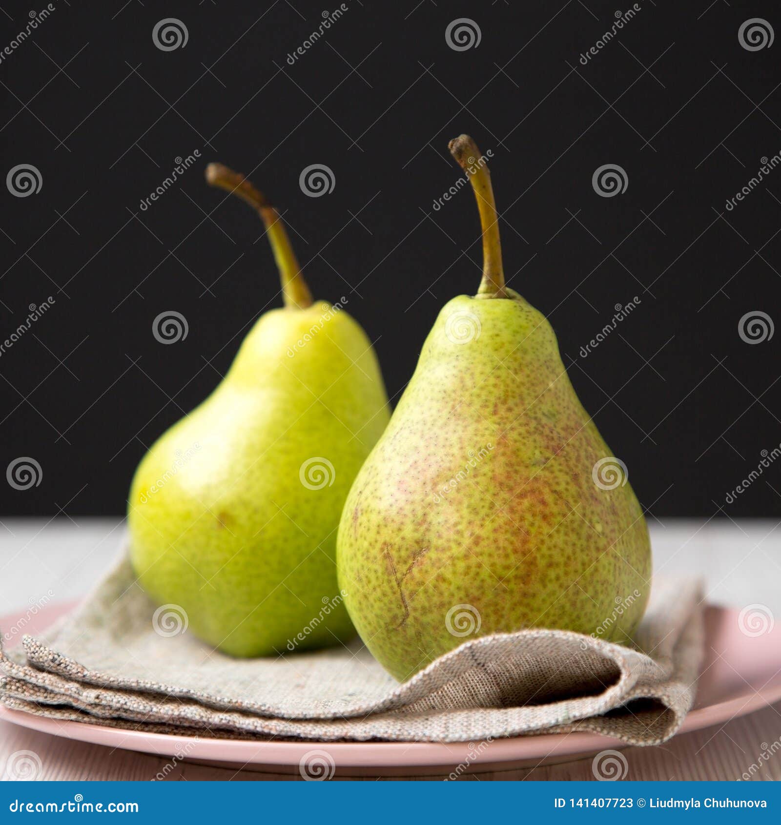 Fresh Pears on Pink Plate, Side View. Closeup Stock Image - Image of ...