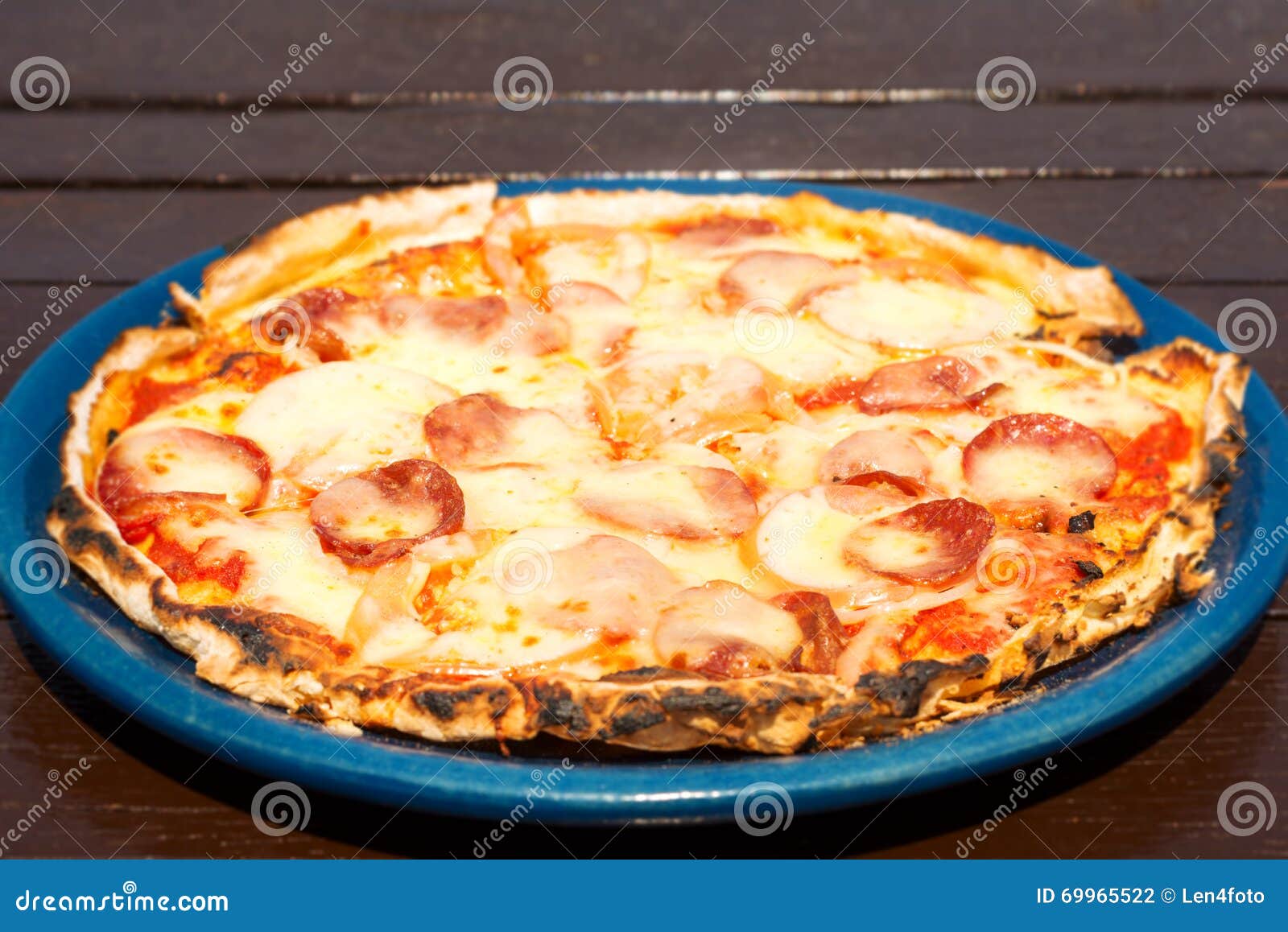 Fresh Pepperoni Pizza on a Blue Plate Stock Photo - Image of fast, food ...