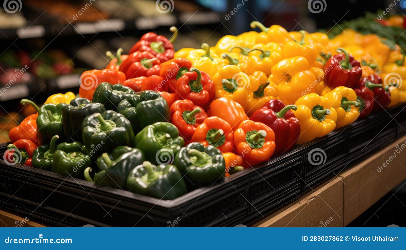 Fresh Peppers and Vegetables on Display at a Supermarket, Stack of ...