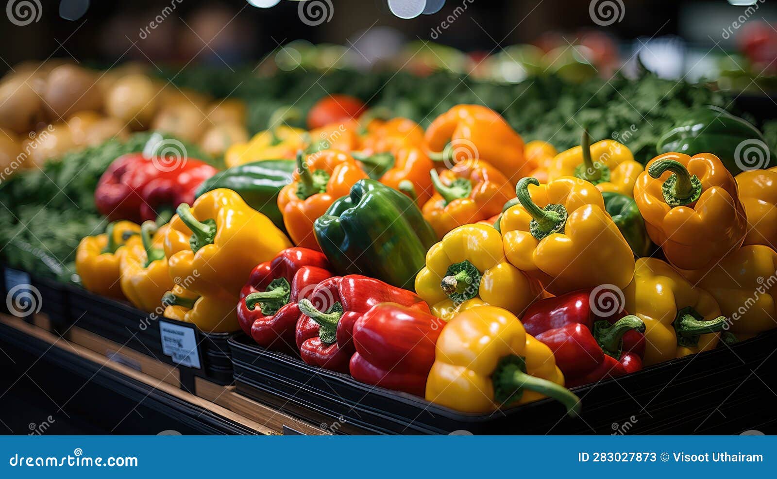 Fresh Peppers and Vegetables on Display at a Supermarket, Stack of ...