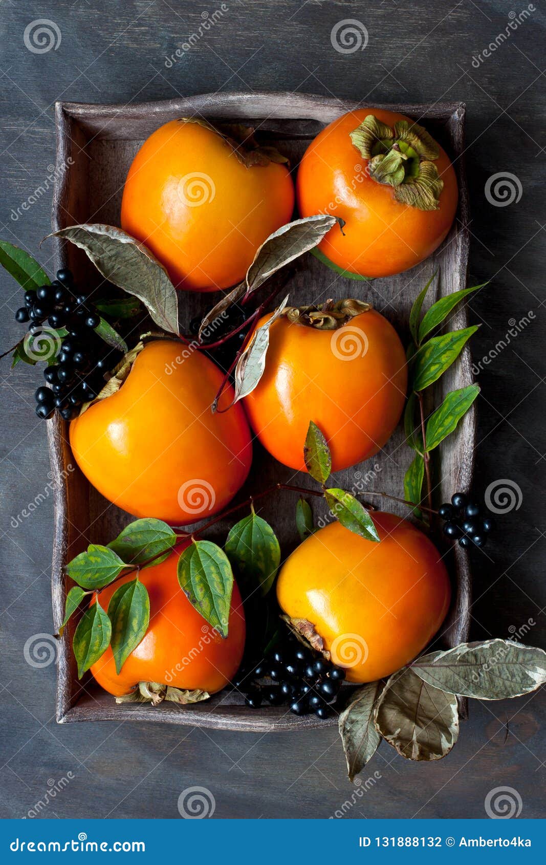 Fresh Persimmons in Wooden Box Stock Photo - Image of healthy, board ...